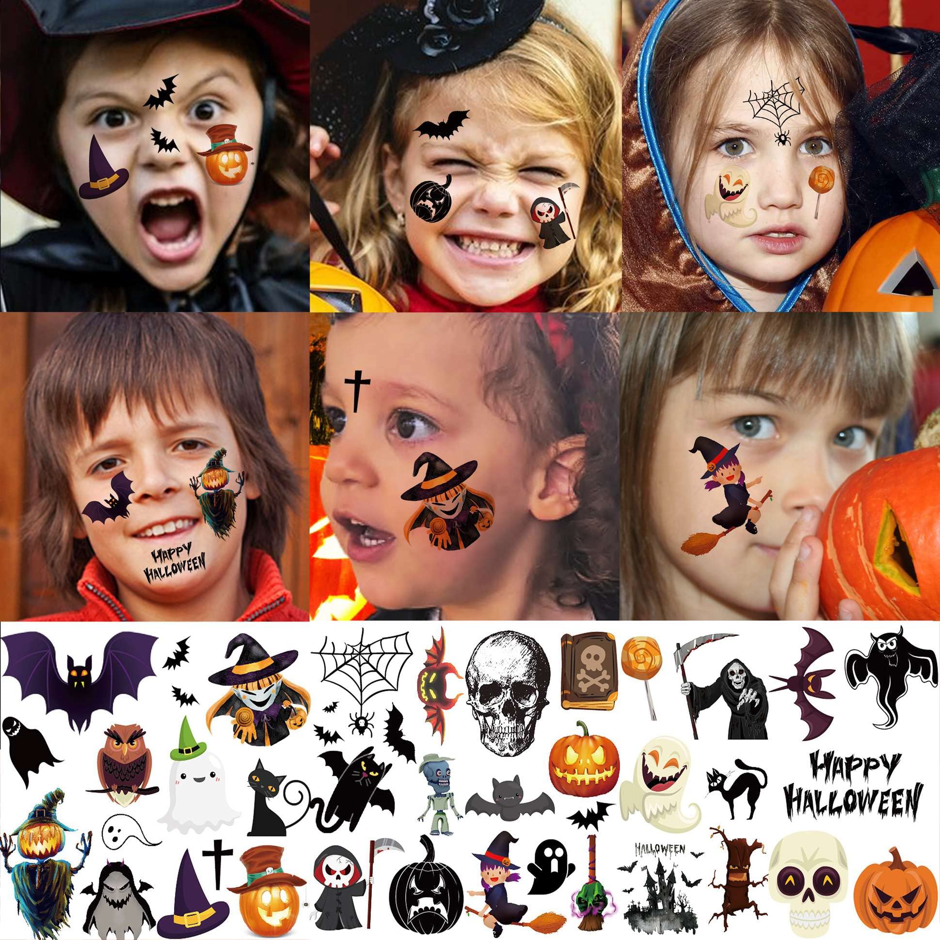 Yezunir 88+ Styles 18 Sheets 3D Halloween Temporary Tattoos For Kids Realistic Spider Web Bat Witch Pumpkin Fake Scars Tattoos Sticker Zombie Halloween Makeup Kit Women Men Adults Face Stitches Wound