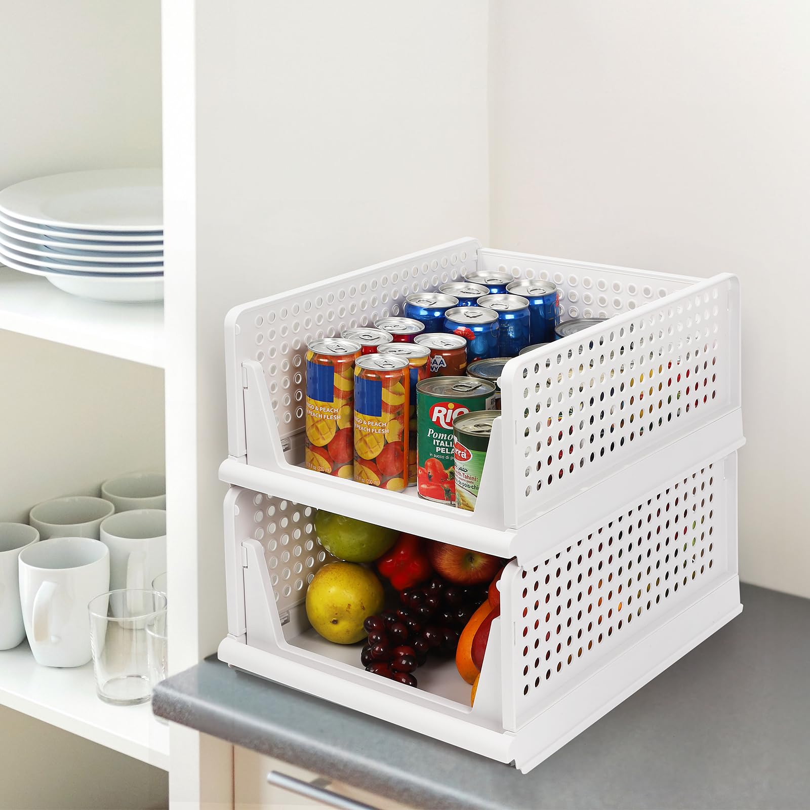 SEHERTIWY Stackable Closet Storage Baskets, 4 Packs Plastic Closet Organizers and Storage Containers Bins, Foldable Closet Shelf Drawers for Wardrobe Cupboard Kitchen Bathroom Office
