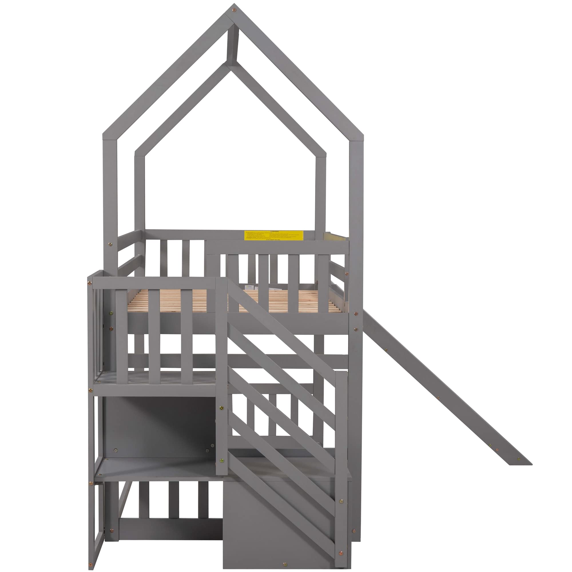 RUNWON Twin over Twin House Bunk Bed with Convertible Slide,Storage Staircase and Open Sehlves for Kids Teens Bedroom
