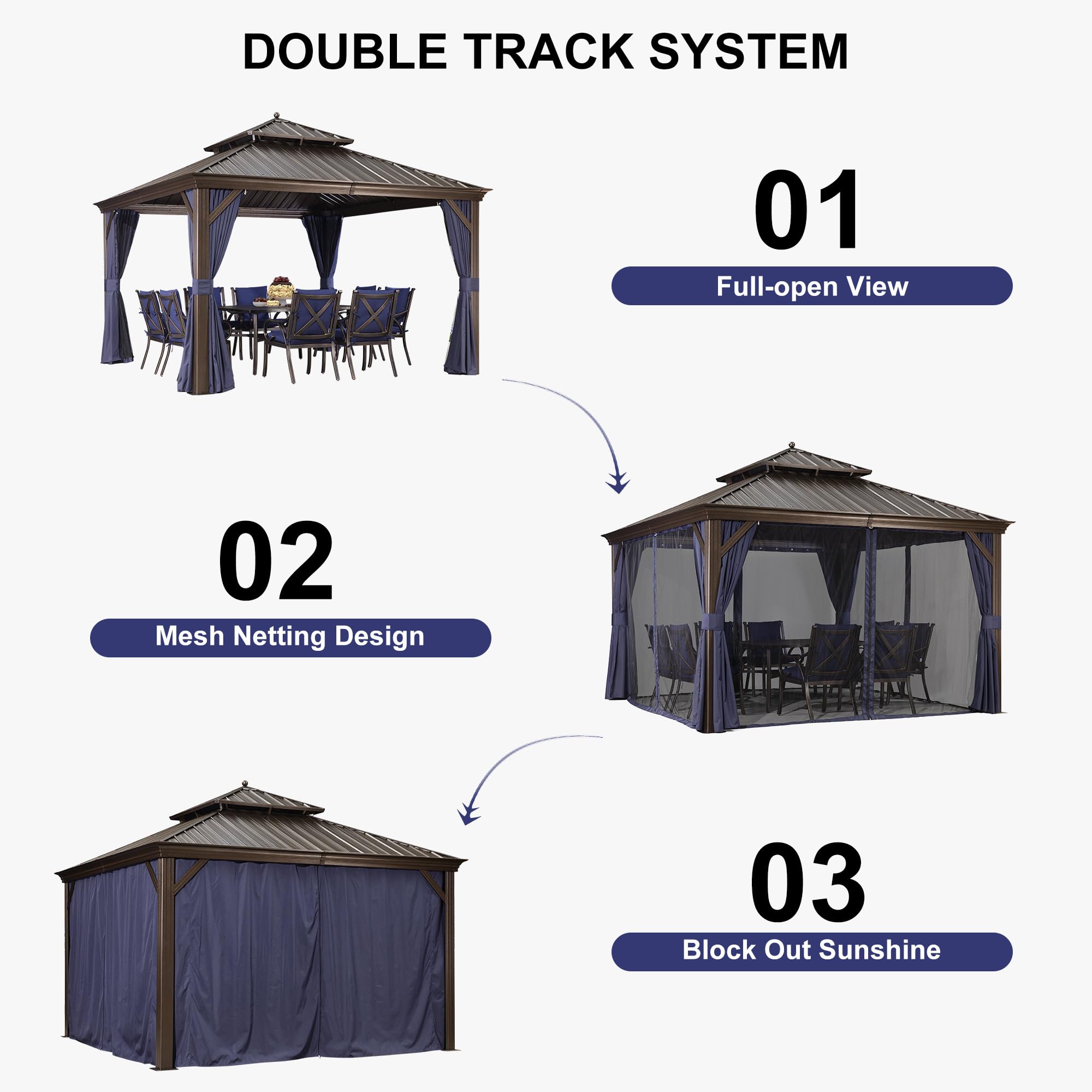 PURPLE LEAF 12' X 12' Hardtop Gazebo Canopy with Netting and Curtains for Outdoor Hot Tub Heavy Duty Backyard Sunshade Deck Metal Roof Patio Permanent Pavilion