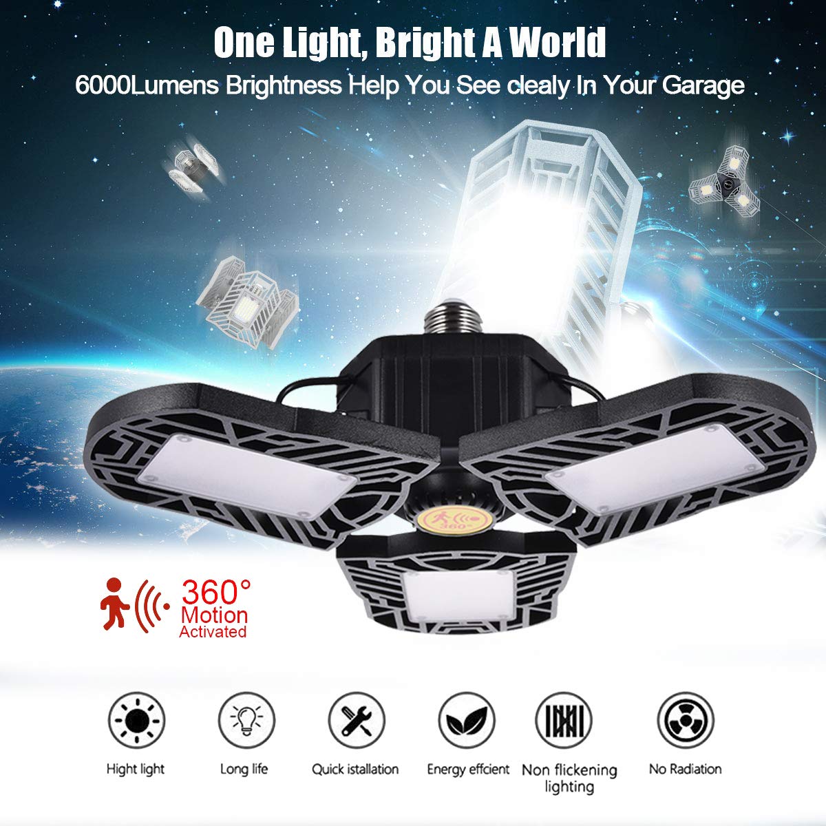 TOHUU 60W LED Garage Lights,Deformable LED Garage Ceiling Lights 6000LM,Ceiling Light E26/E27 Motion Activated Light,6000K Cold White LED Shop Lights for Garage,Warehouse, Workshop(Black)