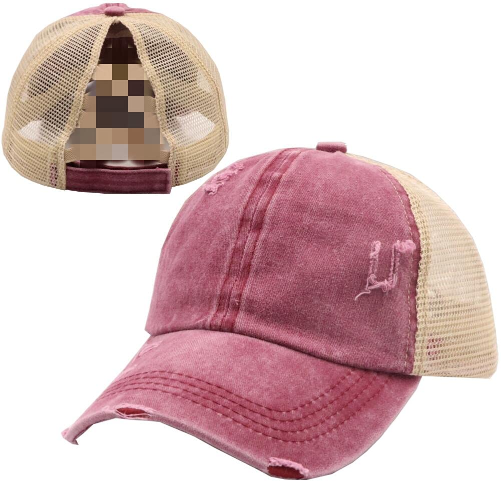 Womens Washed Distressed Cotton Baseball Caps High Messy Bun Ponytail Unconstructed Dad Hats Girls Sun Hat (10-Criss Wine)