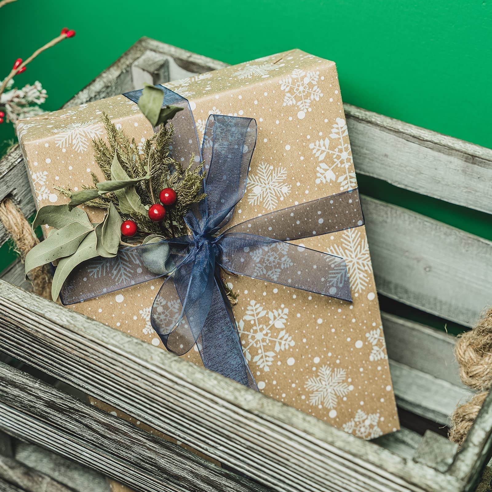 RUSPEPA Christmas Wrapping Paper, Kraft Paper - Reindeer, Stripe and Snowflakes in Blue Design - 4 Rolls - 30 inches x 10 feet per Roll