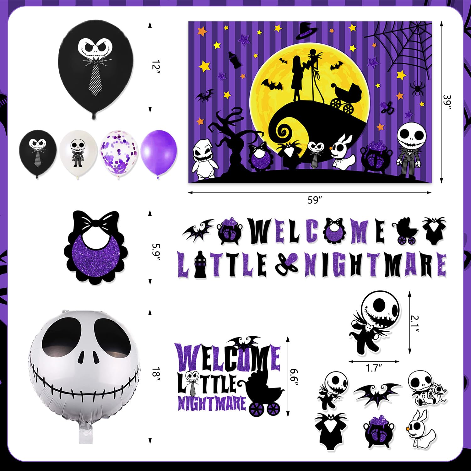 Welcome Little Nightmare Baby Shower Halloween Decorations,Nightmare Before Birthday Party Decorations Includes Banner,Backdrop,Balloons,Nightmare Cake Topper and Cupcake Toppers