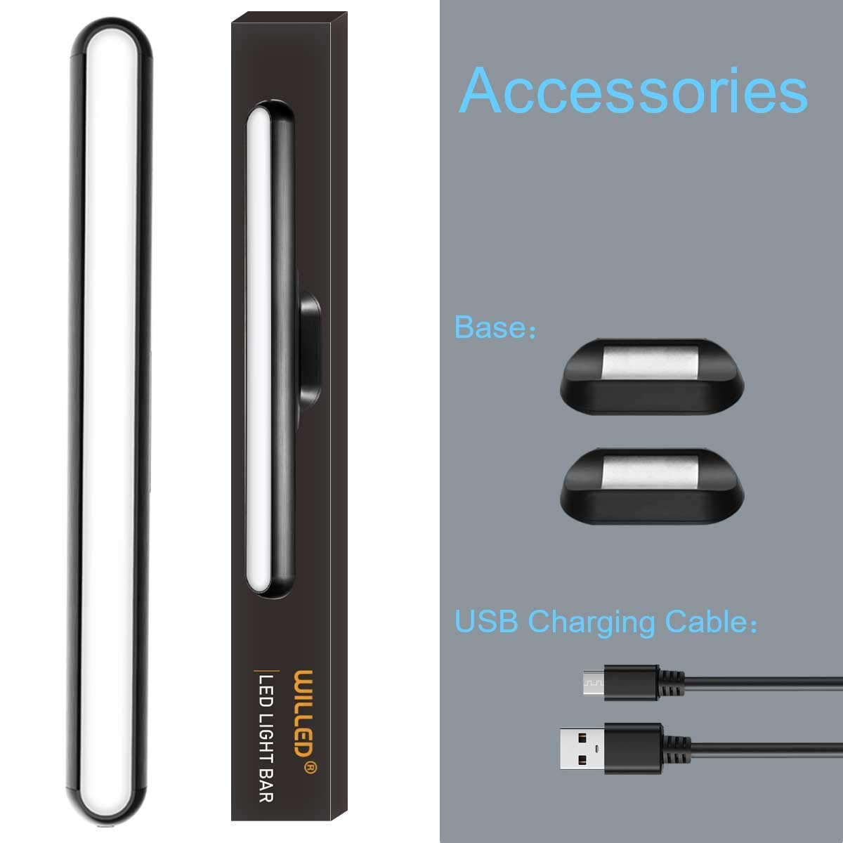 WILLED Rechargeable Light Bar, 3W Touch Light Built-in 2000mAh Battery and Stick Magnet Mount, for Reading, Closet, Cabinet, Makeup Mirror, Bedside, Study Light