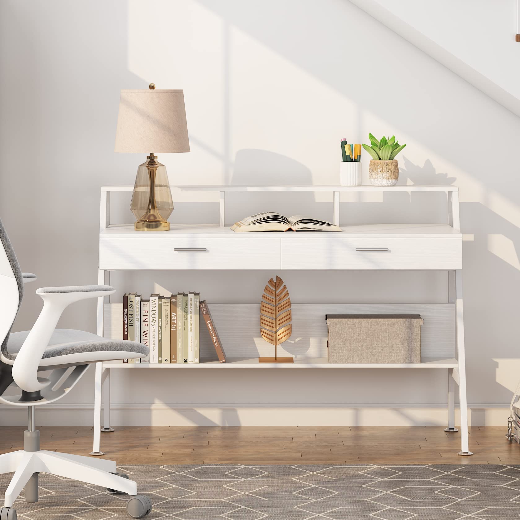 Tribesigns Computer Desk with Storage Shelf & Drawers, Modern 47 inch Office Writing Desk Study Table with Monitor Stand Riser for Home Office Use