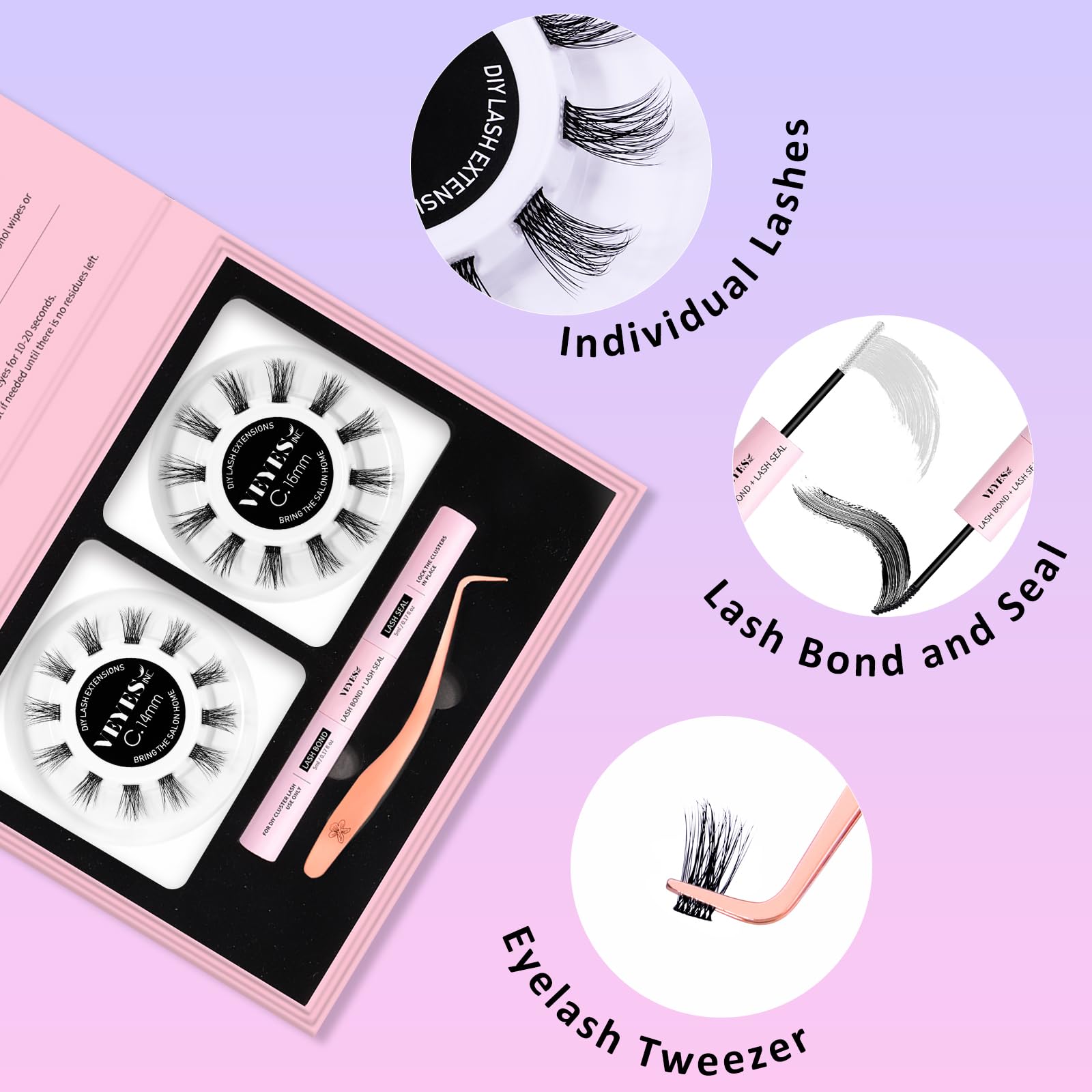 VEYES INC Individual Lash Clusters.DIY Eyelash Extensions Kit with tweezer,Lash Bond and Seal.Clusters Lashes that Look Like Extensions.Wispy Lashes for Beginners.14&16mm(TP01)