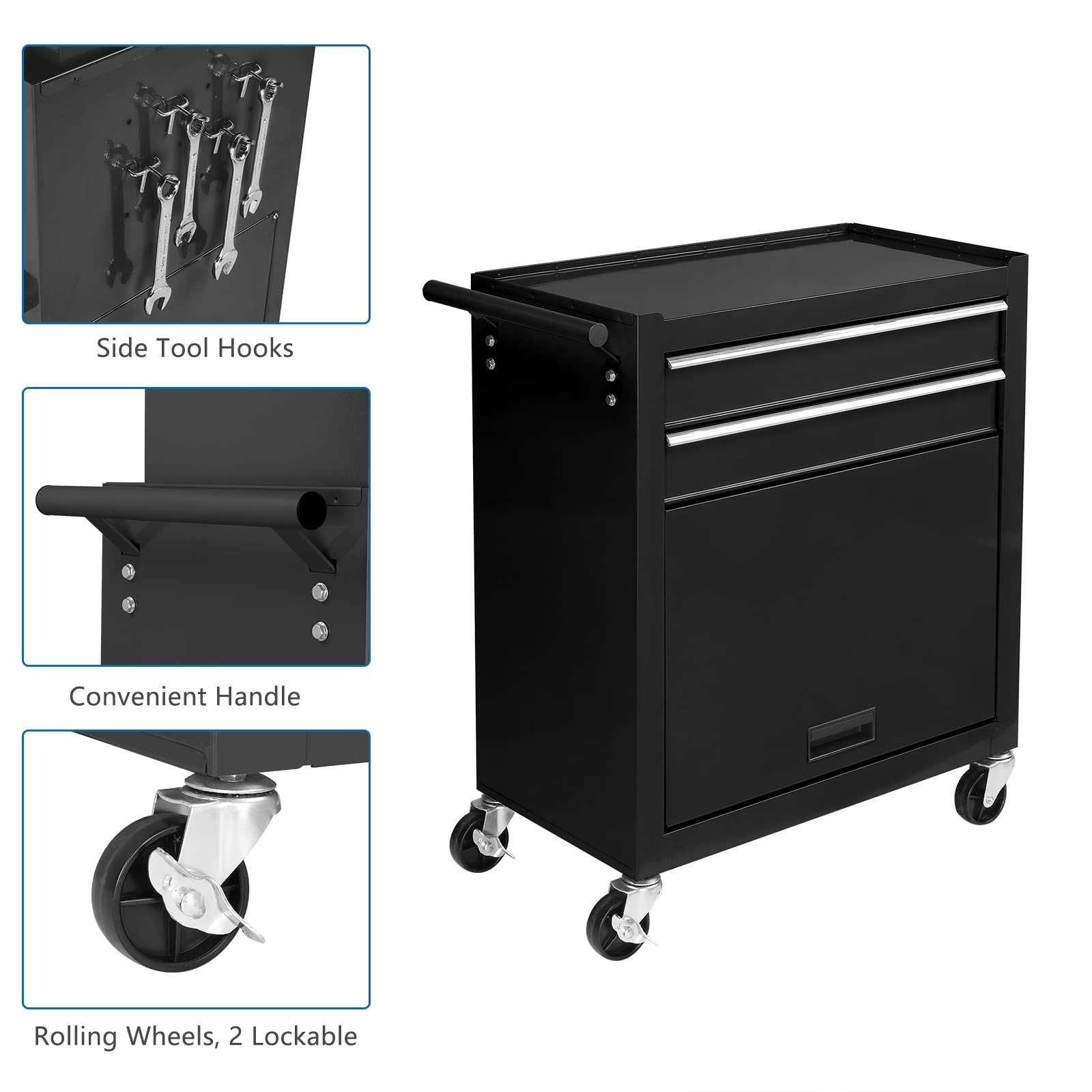 TUFFIOM 8-Drawer Rolling Tool Chest w/Lock & Key, Tool Storage Cabinet w/Wheels, Detachable Top, Drawers & Side Hooks, Mechanic Tool Organizer Box for Garage Warehouse Repair Shop, Black