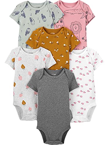 Simple Joys by Carter's Baby Girls' Short-Sleeve Bodysuit, Pack of 6, Multicolor/Floral/Forest Animals/Owl/Sheep, 3-6 Months