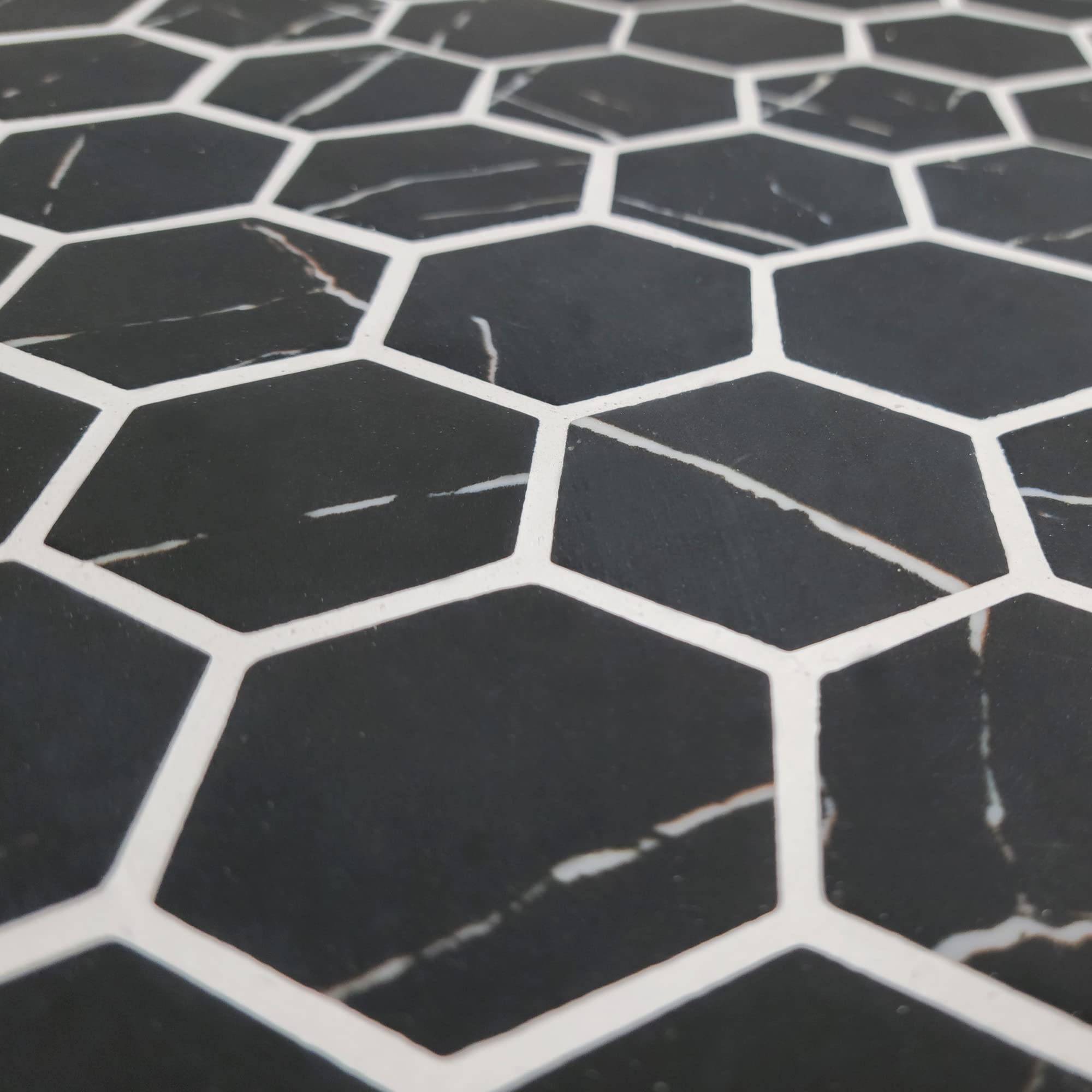 Sunwings Hexagon Tile for Shower Floor Border Kitchen Bathroom Backsplash. Black Marquina Marble Stone Looks Wall and Floor Tile, 10 Sheets,
