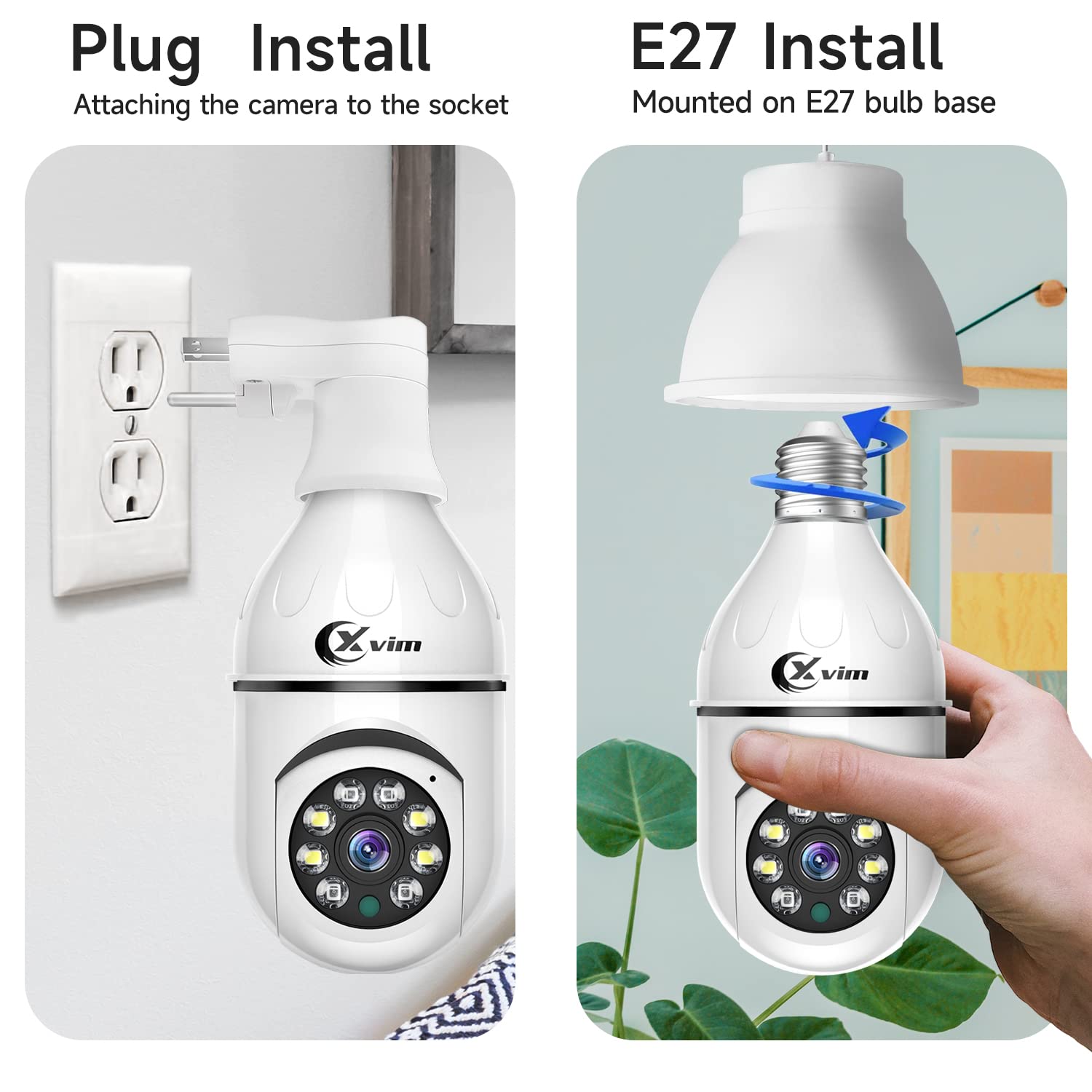 XVIM 3MP Wireless WiFi Light Bulb Camera, Light Bulb Security Camera, 2.4GHz 360° Pan/Tilt, E26/E27 Socket Security Camera Full Color Night Vision, Indoor/Outdoor, Motion Detection