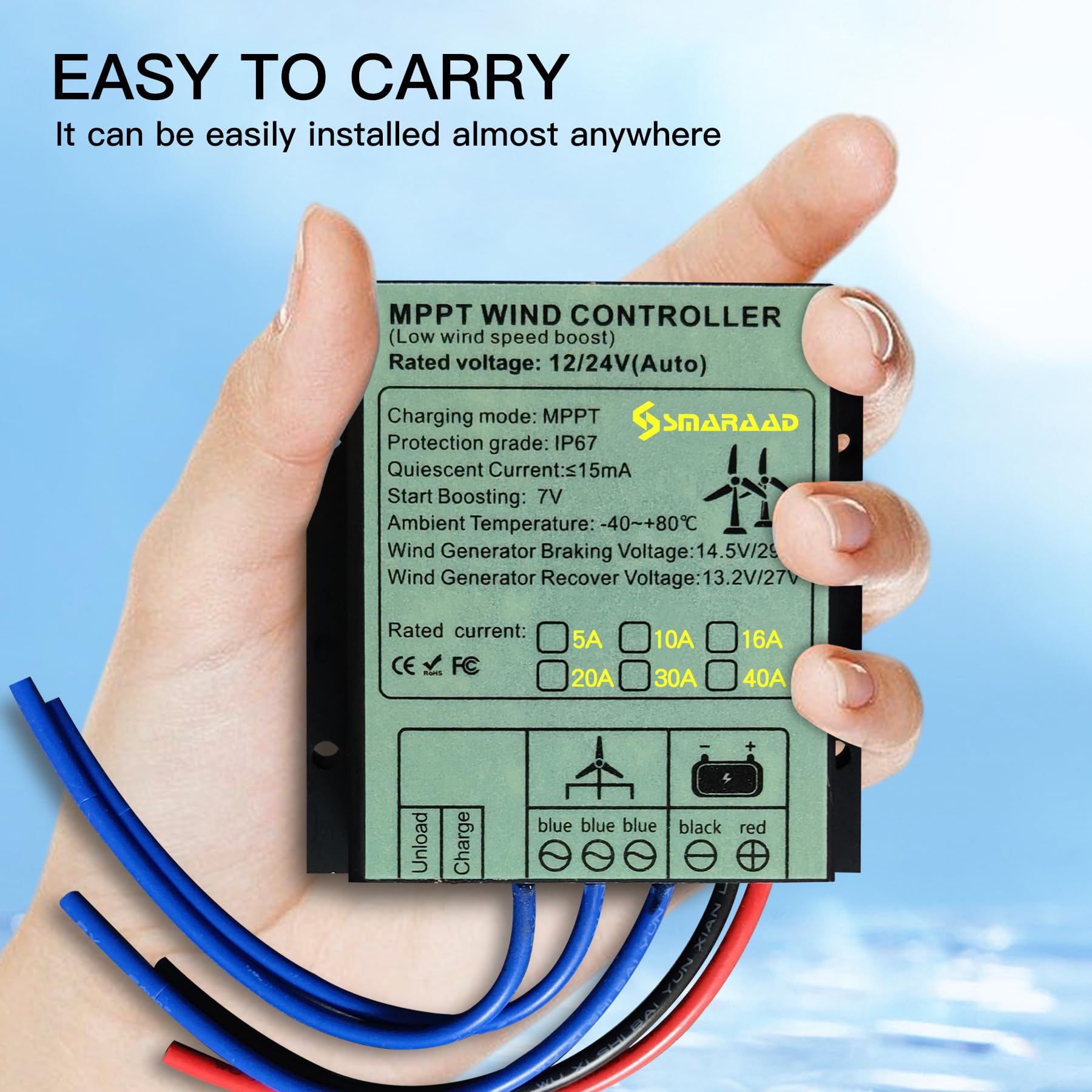 Smaraad MPPT Wind Turbine Charge Controller 12V/24V Auto Match, Mini Wind Generator Controller with IP67 Waterproof Suitable for 300W 400W 500W 600W Wind Turbine System, 3.1x3.2x2.6 Inches