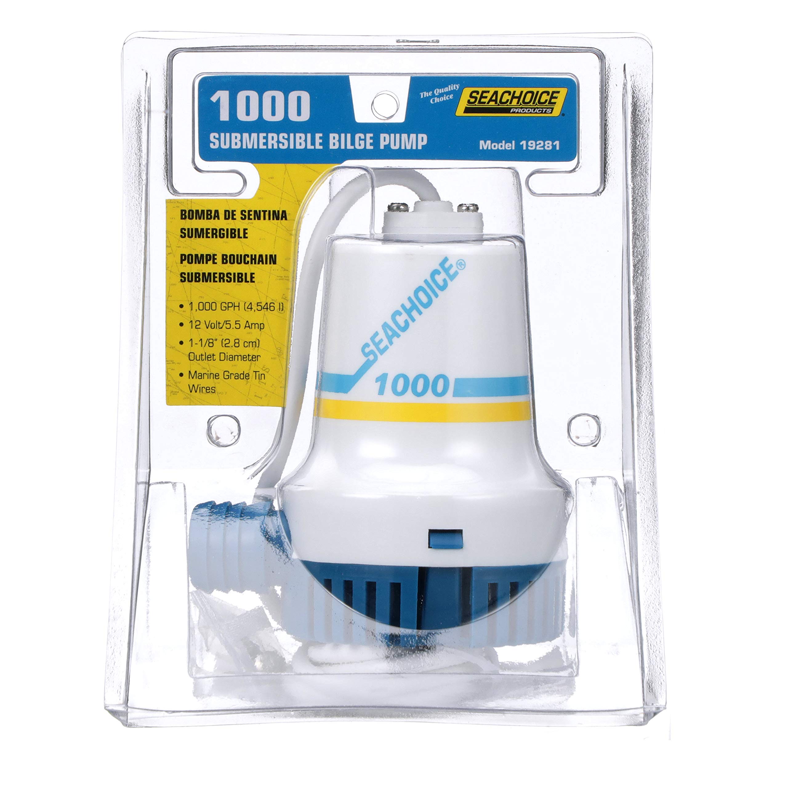 Seachoice Durable Bilge Pump, 1,000 GPH, 12V, 5.5 Amps, 7A Fuse