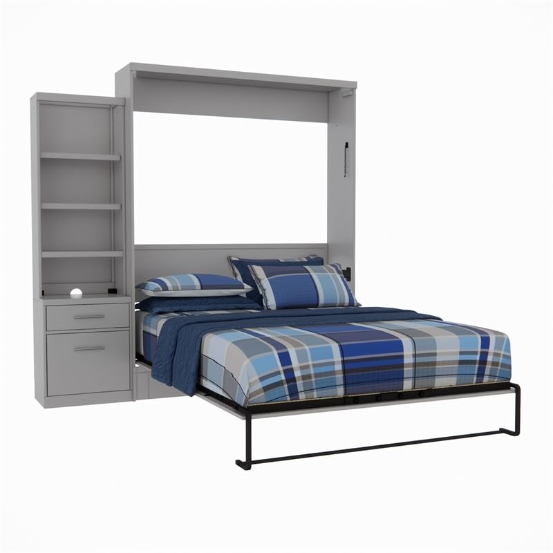 RoomAndLoft Brentwood Queen Contemporary Solid Wood Murphy Wall Bed and Shelf Storage with Drawers in Gray