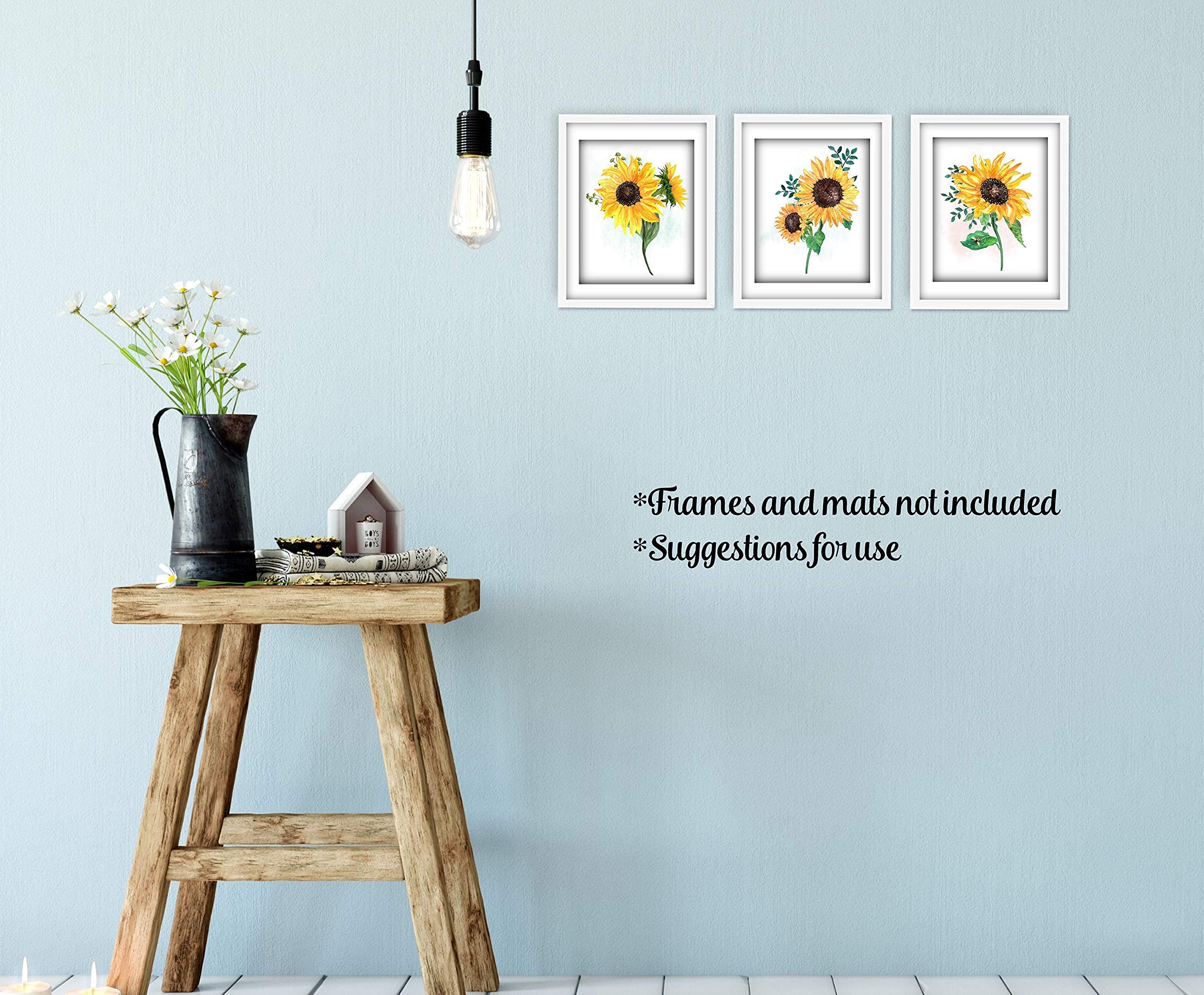 Sunflower Wall Art - Botanical Prints Wall Decor - Watercolor - Set of 3-8x10 - Unframed