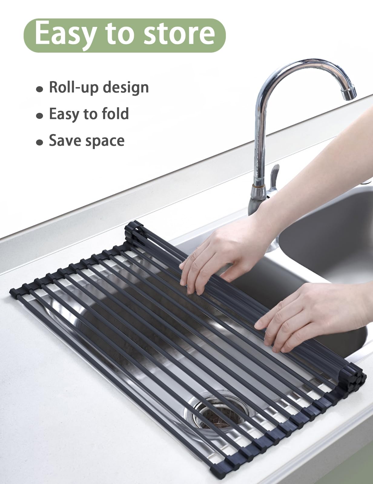 VICEAXY Roll-Up Dish Drying Rack 17” x 13”, Stainless Steel with Silicone Wrapped Drainer Rack, Foldable Sink Rack Mat for Kitchen Dishes, Cups, Fruits, Vegetables (M, Black)
