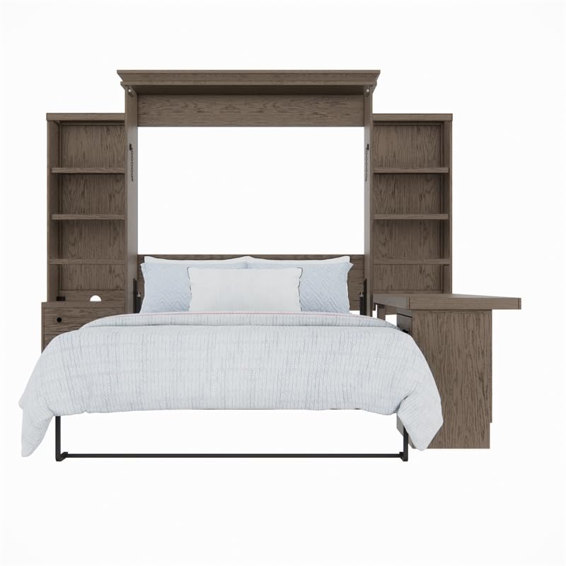 RoomAndLoft Windsor Queen Solid Wood Murphy Wall Bed and Two Shelf Storage Units with Single Side Desk and Drawers in Gray