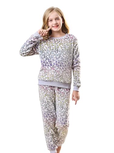 V.&GRIN Girls Fleece Pajamas, Soft Cozy Pullover Sweatshirt Pants Set for Kids 7-16 Years(Leopard 7-8)