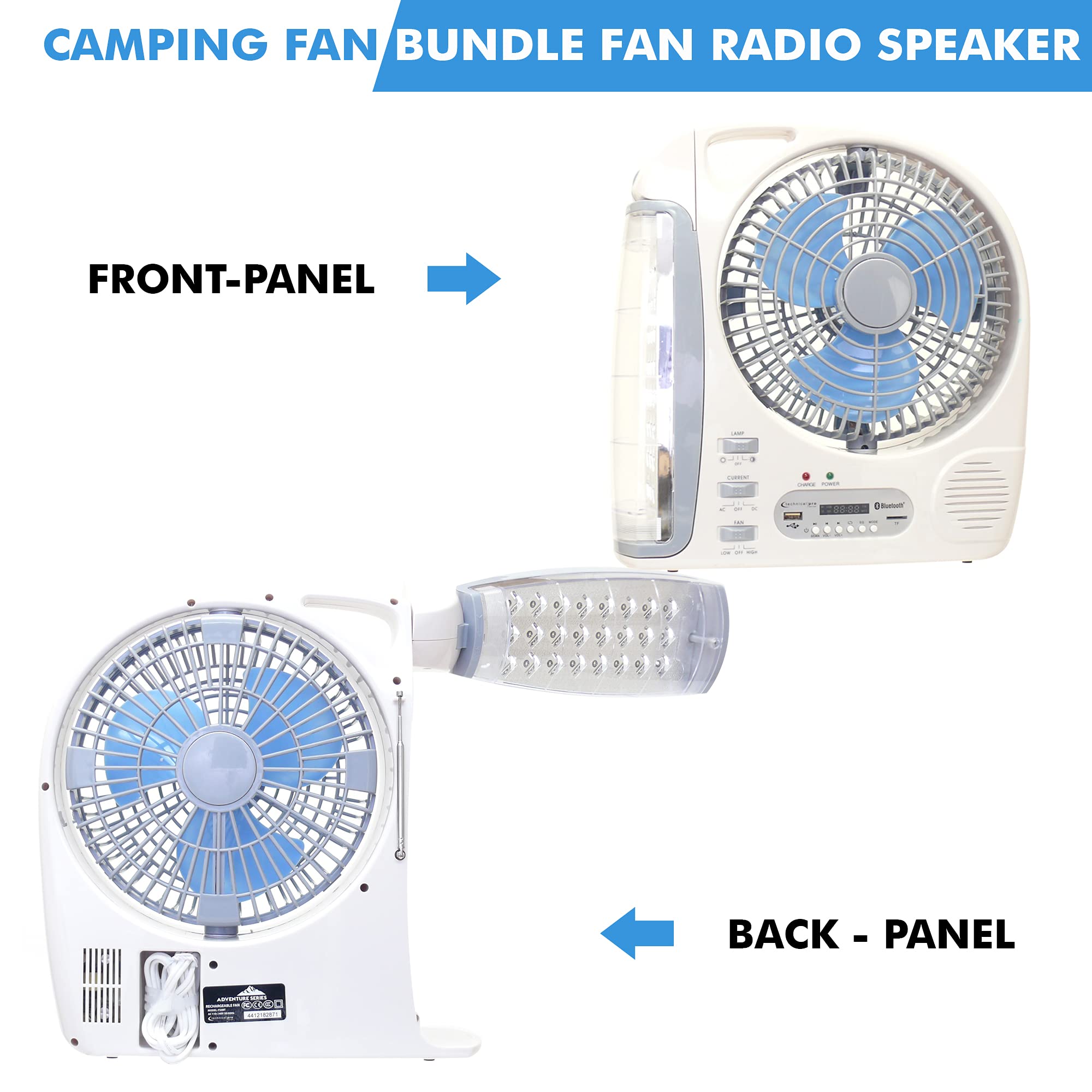 Technical Pro 3-in-1 Portable Rechargeable 8" Camping Fan Bundle with Radio Speaker and LED Work Lamp, USB SD ports, 2 Rechargeable Folding Fans Included