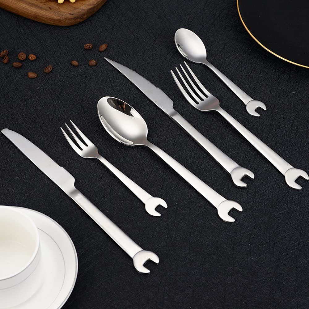 Silverware Set 6 Pcs, Stainless Steel Wrench Handle Flatware Set Forks and Spoons Set Durable Food-Grade Serving Cutlery set Tableware Eating Utensils(Silver)