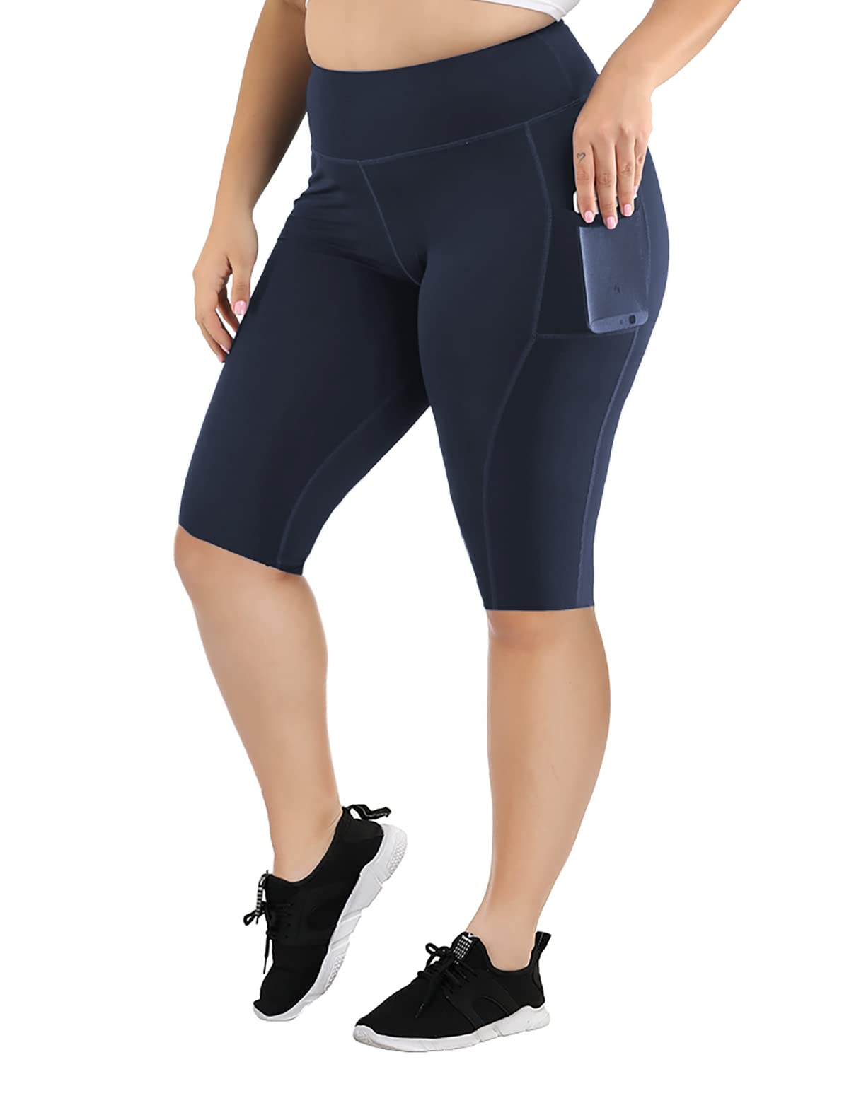 Uoohal Women's Yoga Shorts Plus Size High Waist Workout Biker Active Shorts Tummy Control Side Pockets Dark Blue 4XL