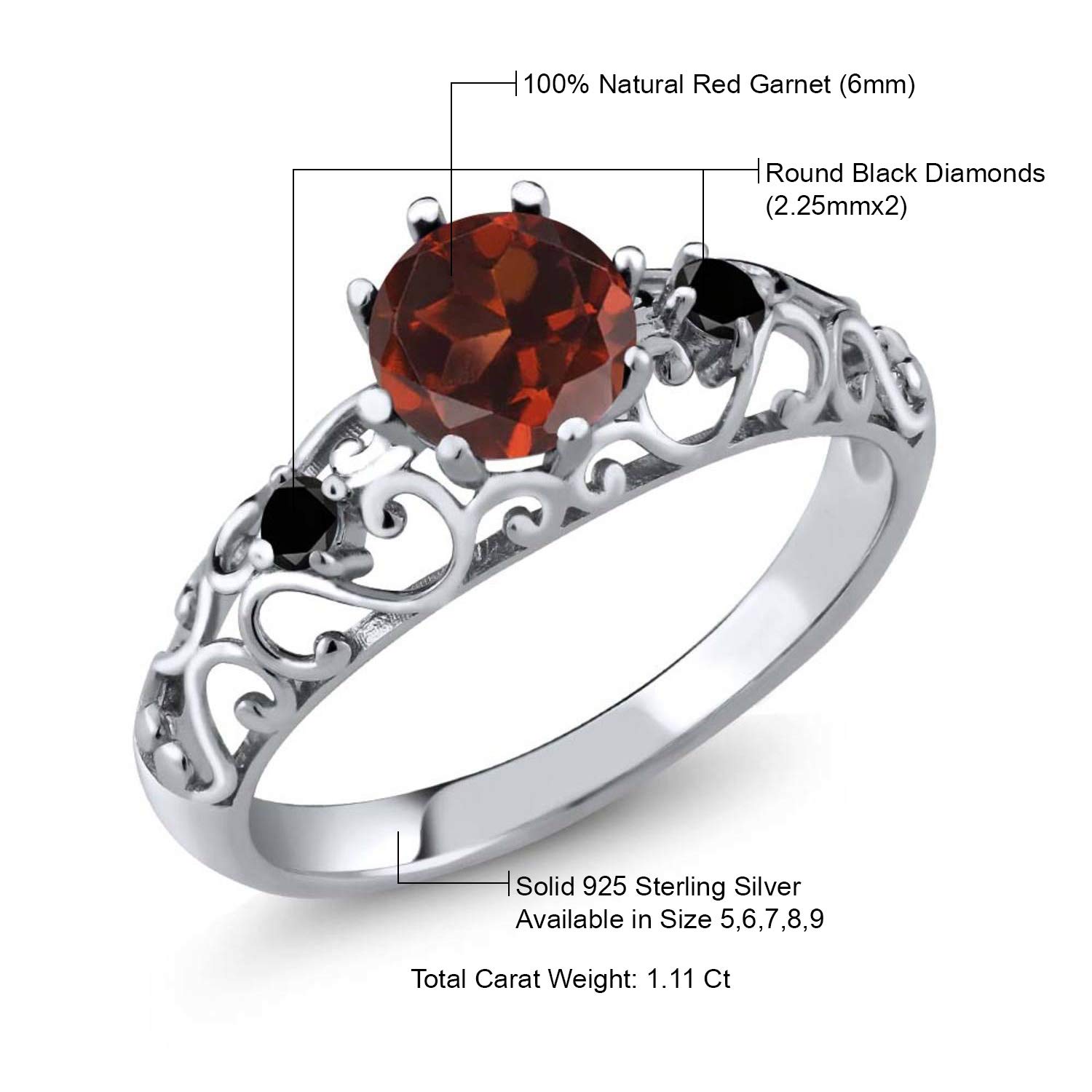 Sterling Silver Genuine Red Garnet & Black Diamond Women/'s Ring (1.11 cttw, Size 9)