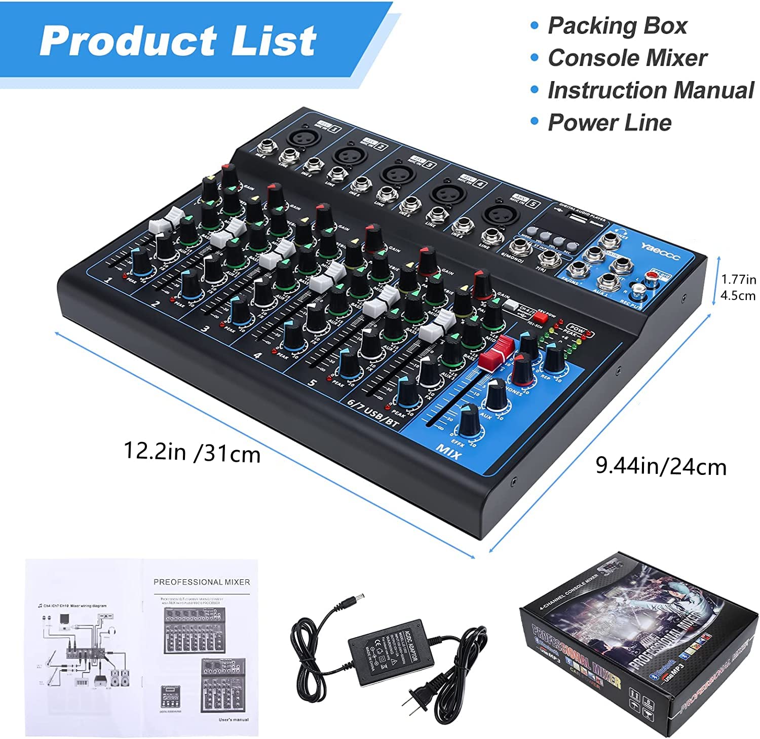 YaeCC 7 Channel bluetooth Live Studio Stereo Audio Mixer Sound Mixing DJ USB Console