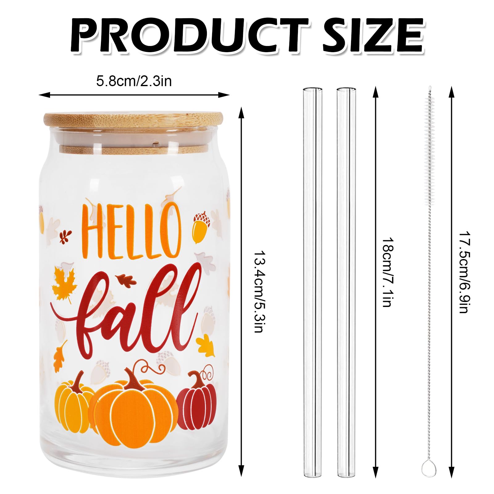 Whaline Hello Fall Drinking Glasses 16oz Fall Harvest Glass Cup Pumpkin Car Iced Coffee Cup with Bamboo Lid Glass Straw Cleaning Brush Gift for Autumn Thanksgiving Cocktail Whiskey Beer Soda, 2Pcs