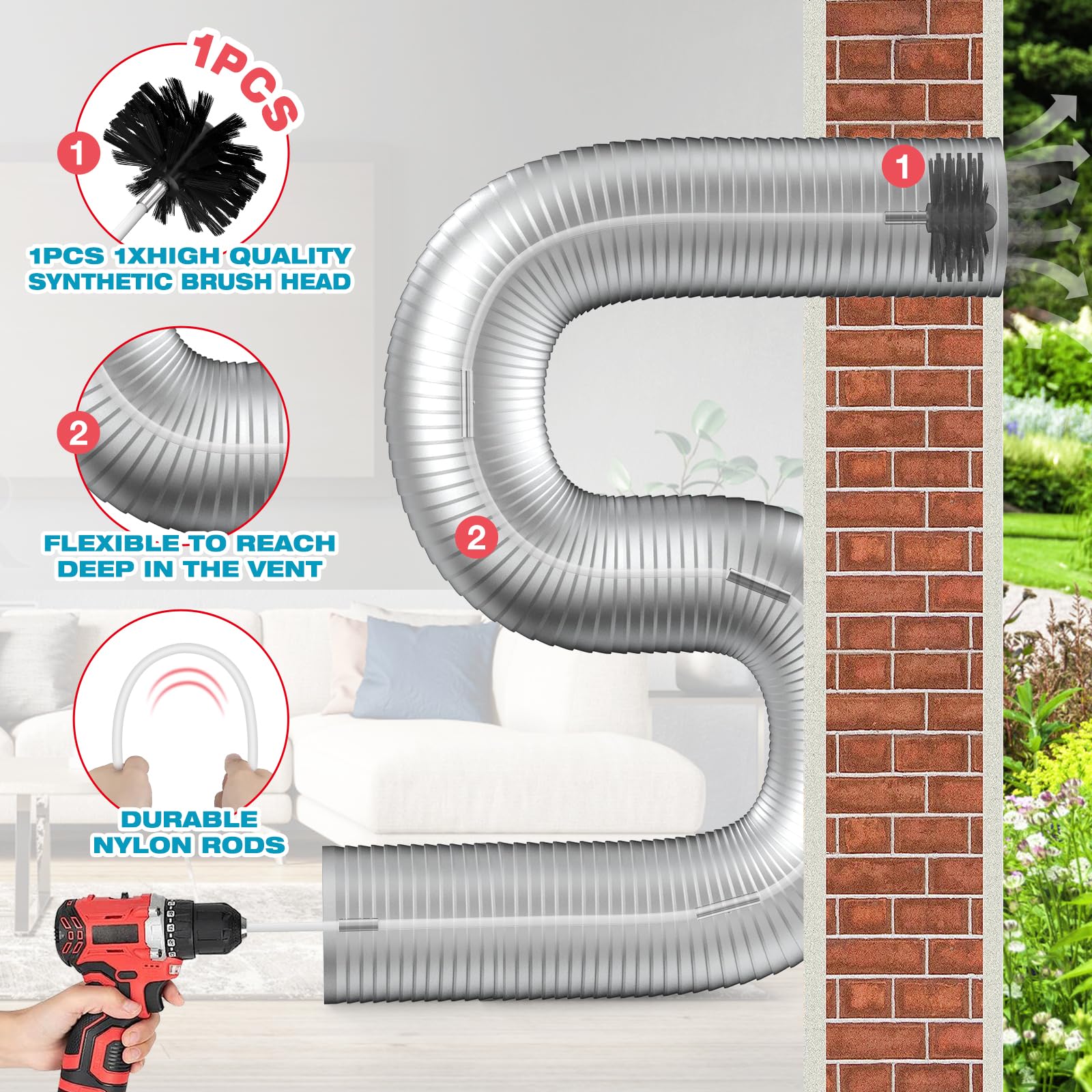 Sealegend 29 FEET Dryer Vent Cleaner Kit Double Synthetic Brush Head Upgraded Flexible Quick Snap Brush with Drill Attachment Extend Up to 29 FEET for Easy Cleaning Use with or Without a Power Drill