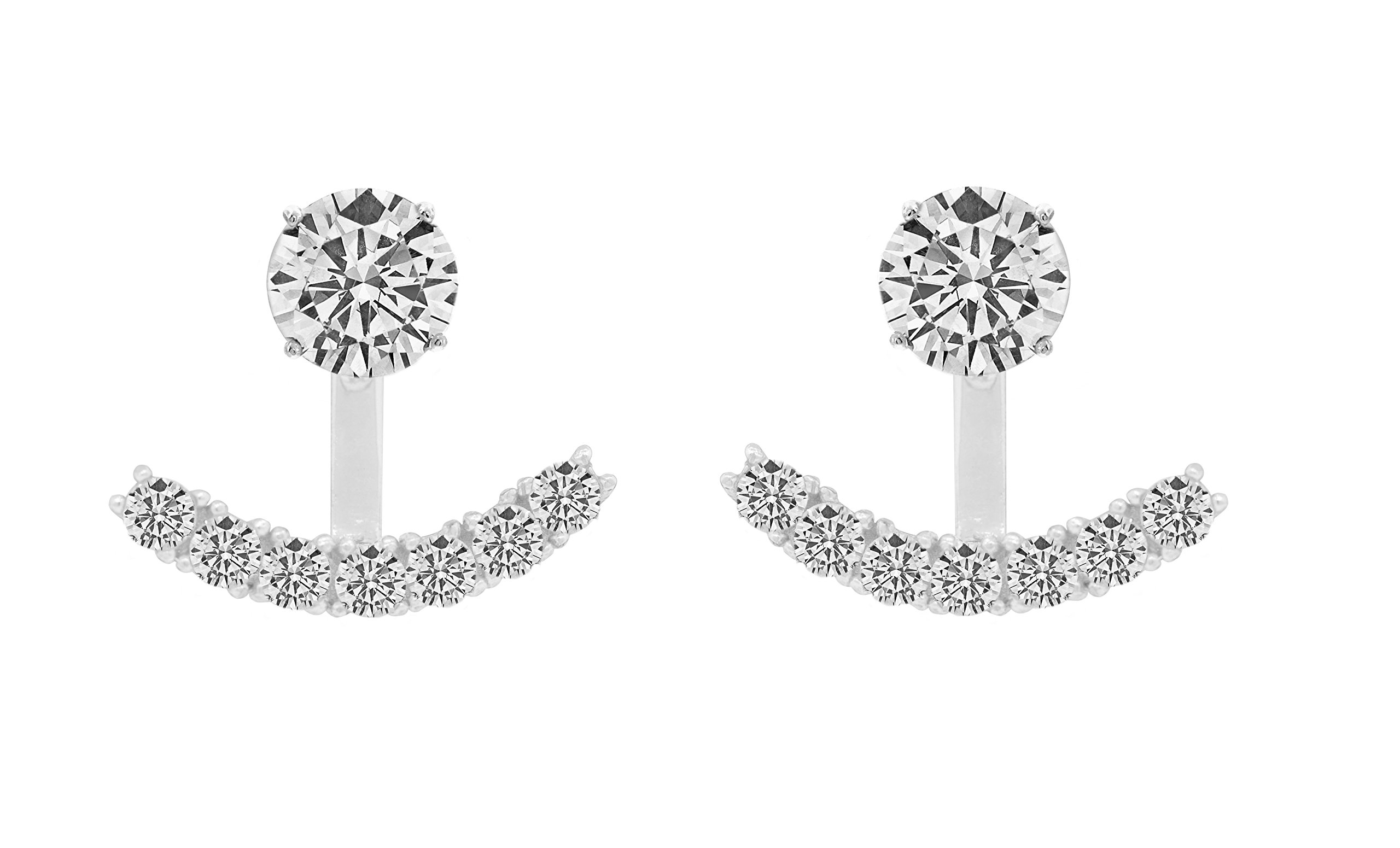 Sterling Silver Front Back 2 in 1 Cubic Zirconia AAA Quality Stud and Ear Jacket Cuff Earrings Set (White)