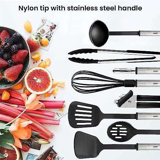 Steel Utensils 24 Pcs Kitchen Utensils Spatula Set Heat Resistant Kitchen Cooking Utensils Cookware Set with Spatula Black (Nylon and Stainless Steel)