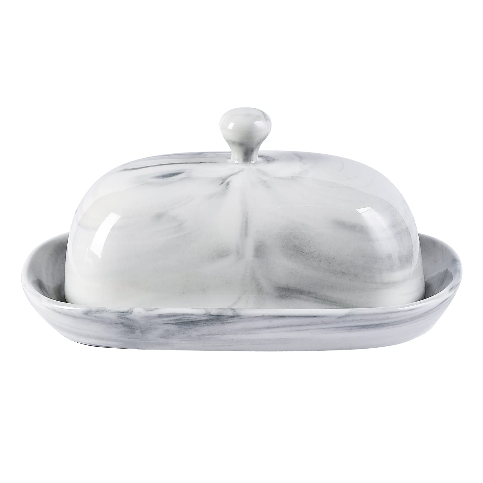 Yundu Grey Marble Butter Dish with Lid, Ceramics Butter Keeper Container, Perfect for East/West Butter