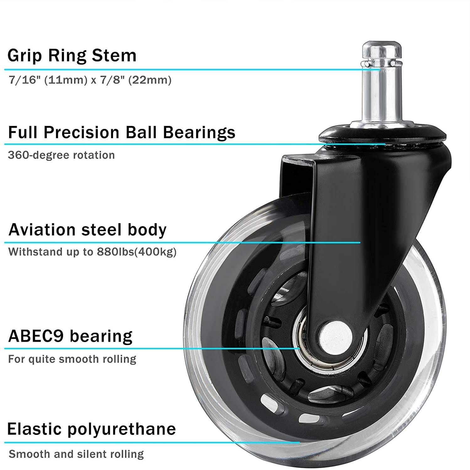 SmartCoolous 3" 5pcs Office Chair Wheels Replacement Rubber Chair Casters Quiet Rolling and Safe for Hardwood Floors and Carpet