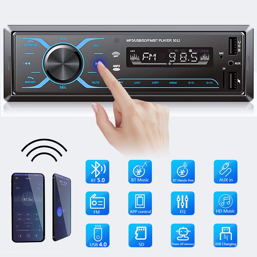 Single Din Car Radio Stereo with Bluetooth 1 DIN in-Dash Car Stereo Support FM Radio App Control, Digital Audio Music Mp3 Player MIC/Dual USB/SD/AUX with Steering Wheel Control