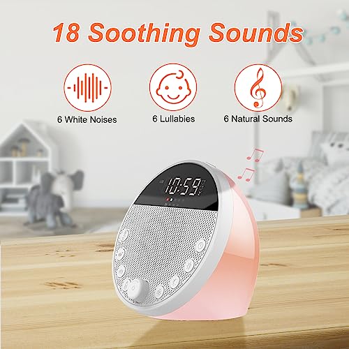 White Noise Machine with 18 Soothing Sounds, Digital Alarm Clock, 8 Light Colors and Timer Options,Sound Machine for Babies and Kids, Noise Machine for Better Sleep and Relaxation