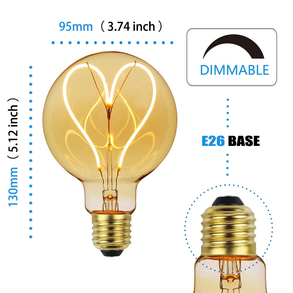 Tuneucle Led Dimmable Hearts Edison Bulb 4W 110V Antique Style Edison Light Bulbs,2000K Warm White (Amber Gold Glass), LED Vintage Light Bulb Fixtures,G95, E26 E27 Base