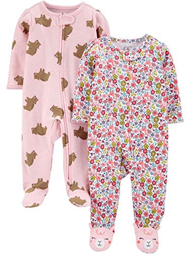 Simple Joys by Carter's Baby Girls' Cotton Sleep and Play, Pack of 2, Pink Bear/White Floral, 0-3 Months