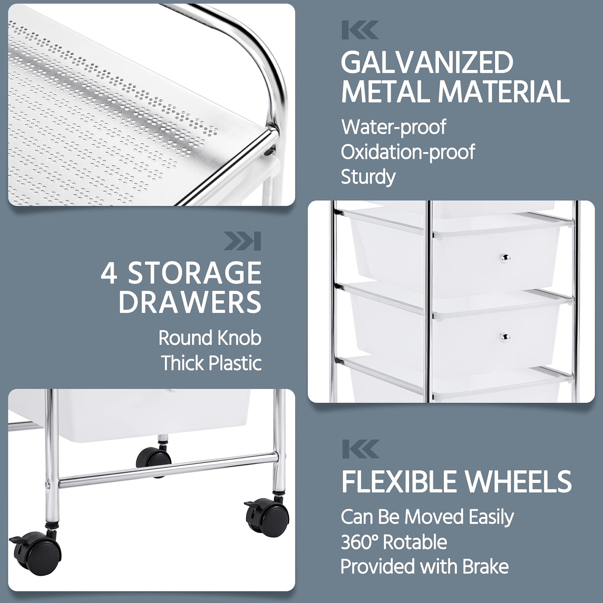 Topeakmart 4 Tier Rolling Storage Cart with Removable Drawers Plastic Trolley Organizer craft cart organizer with drawers 360 Castor Wheels Cart, White