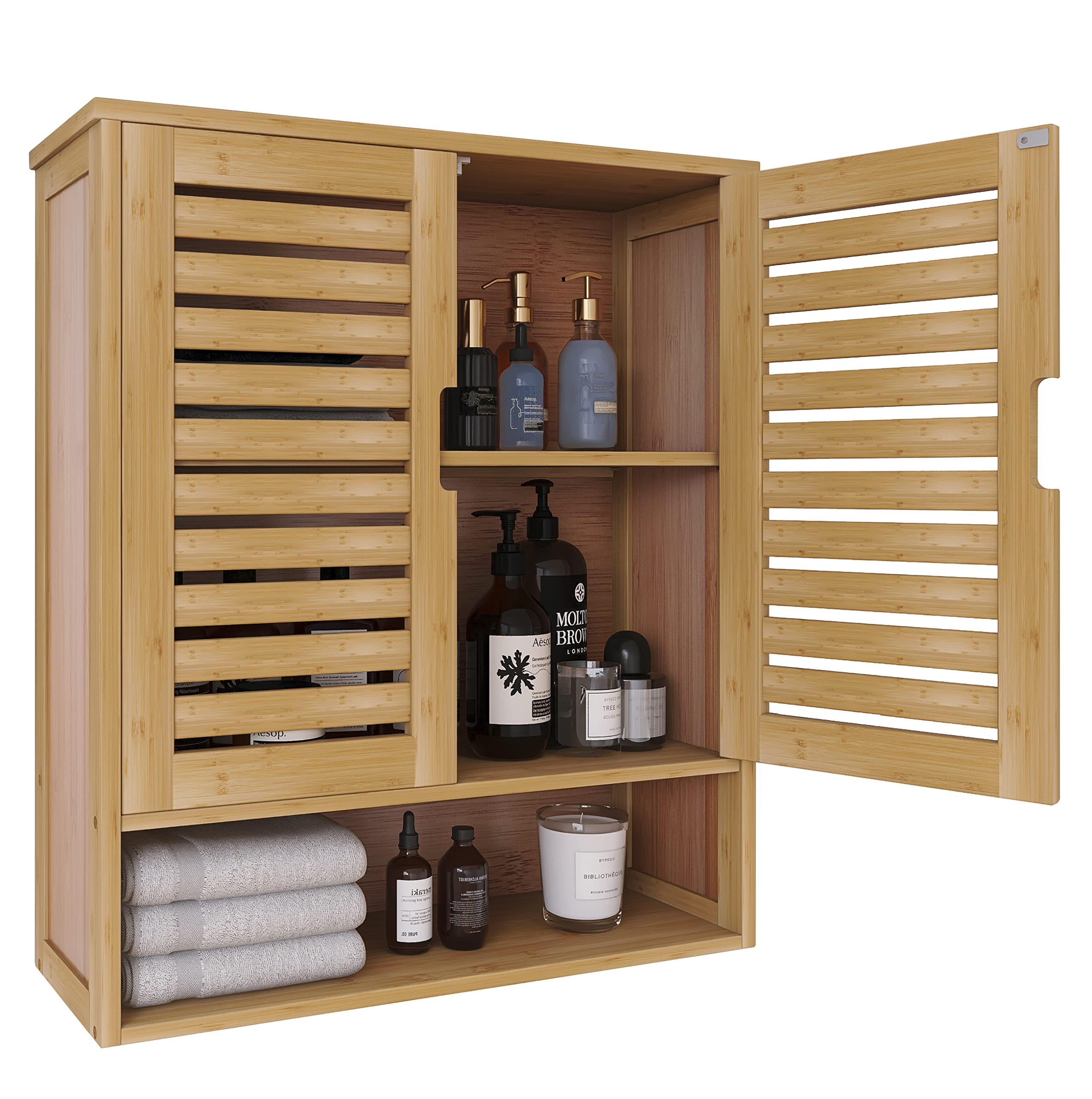 SMIBUY Bathroom Cabinet Wall Mounted, Bamboo Over-The-Toilet Storage Organizer, Space Saver Medicine Cabinet with 2 Door and Adjustable Shelves (Natural)