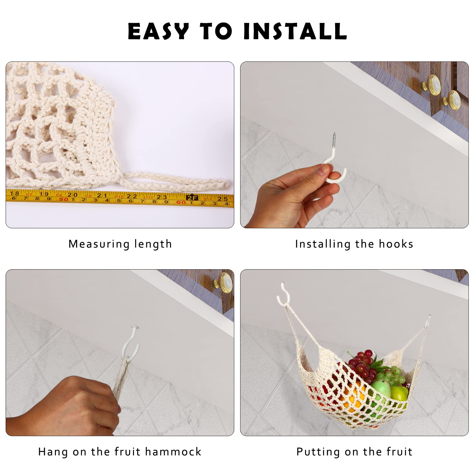 Ycsst Hanging Fruit Hammock Under Cabinet - fruit and veggie basket - macrame fruit hammock for Kitchen Décor - Storage That Saves Counter For More Counter Space at Home, Boat, or Rv,with 4 Hooks.