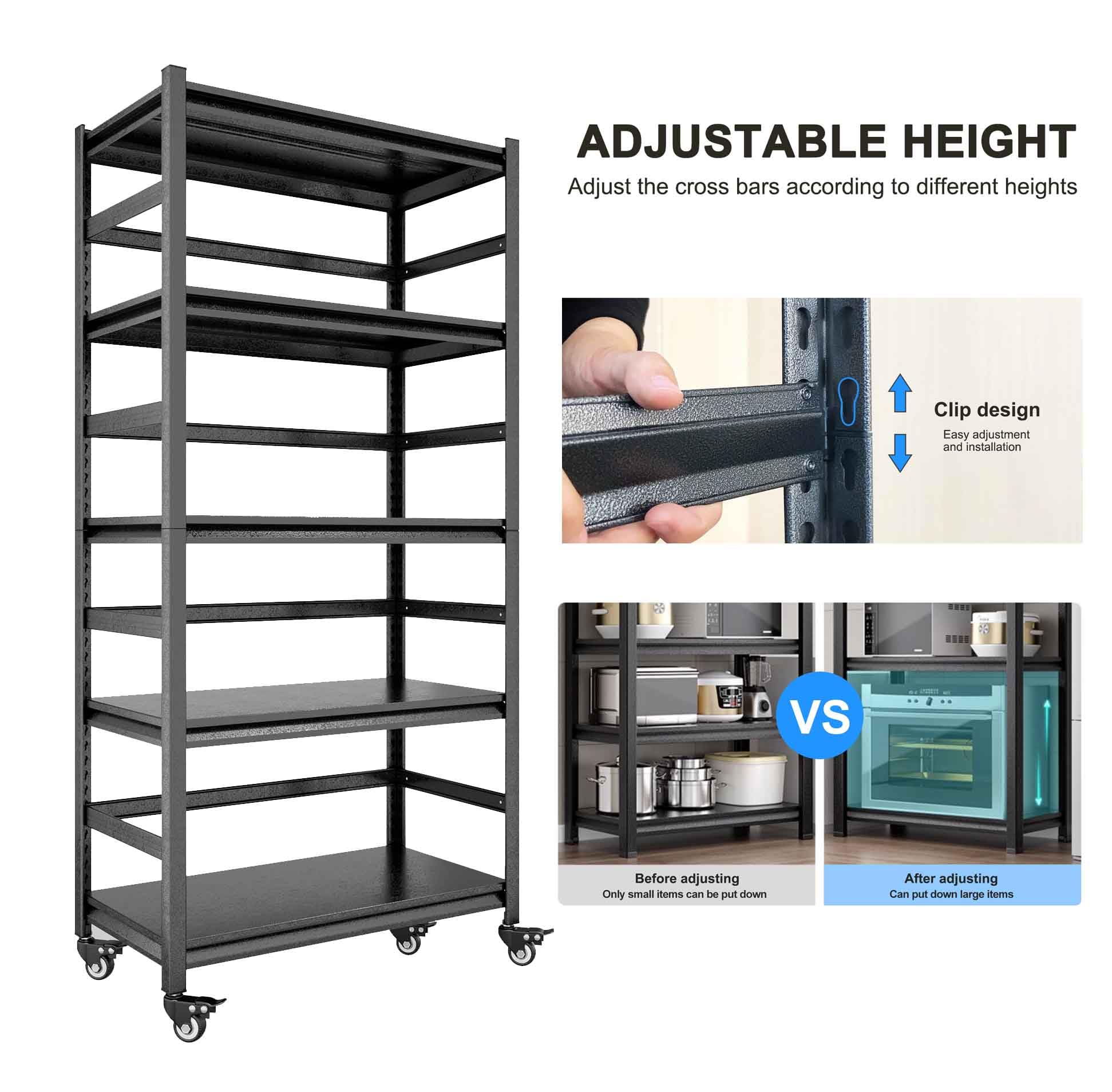 STELSIPLIY 5-Tier Metal Storage Shelves with Wheels, Heavy Duty Metal Shelving Unit, Rolling Kitchen Adjustable Shelves for Kitchen, Bathroom, Garage, Pantry, Easy Assembly, Black