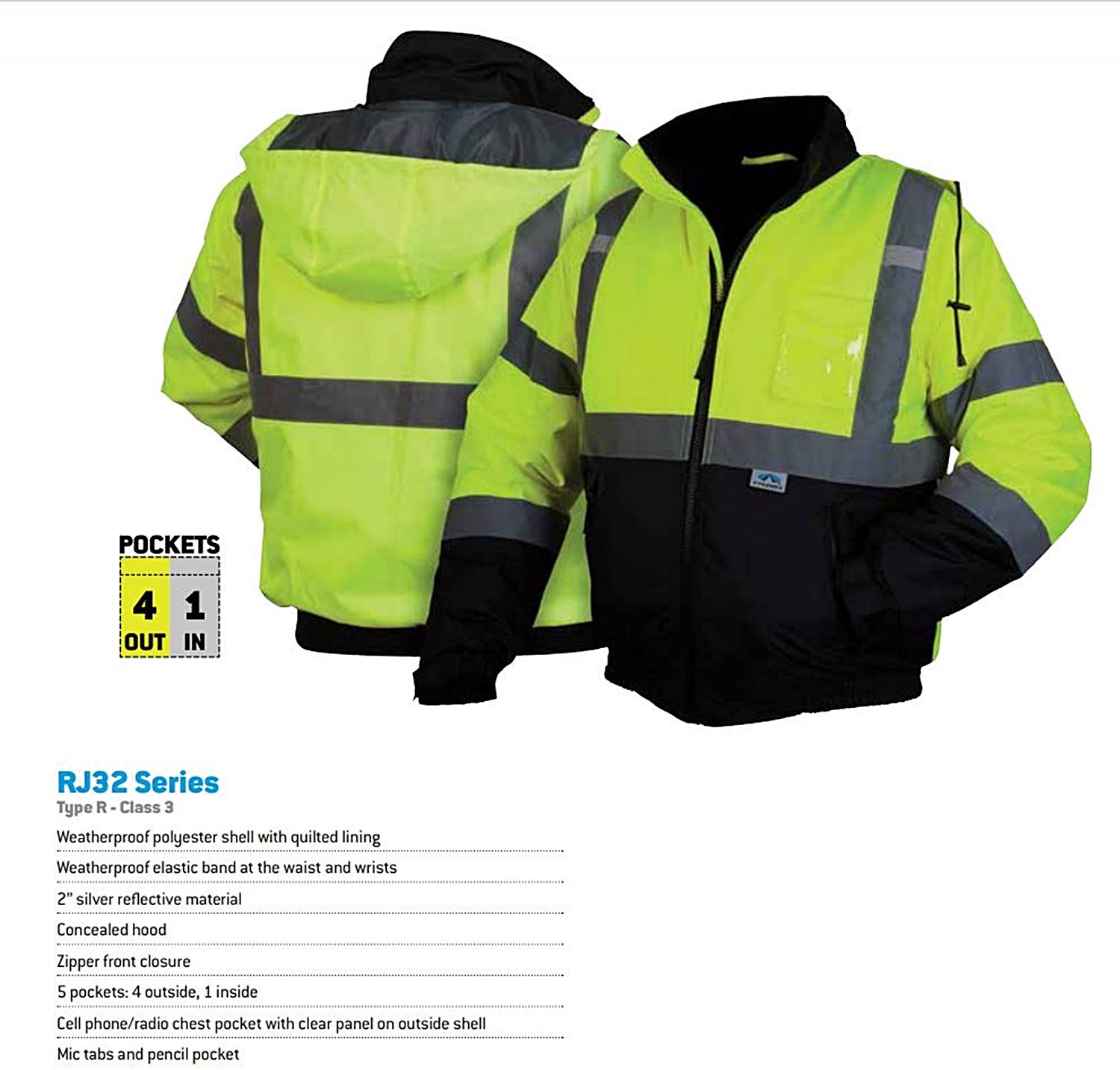 Pyramex RJ31 Series Waterproof Class 3 Fleece Bomber Safety Jacket, Lime, 2X-Large