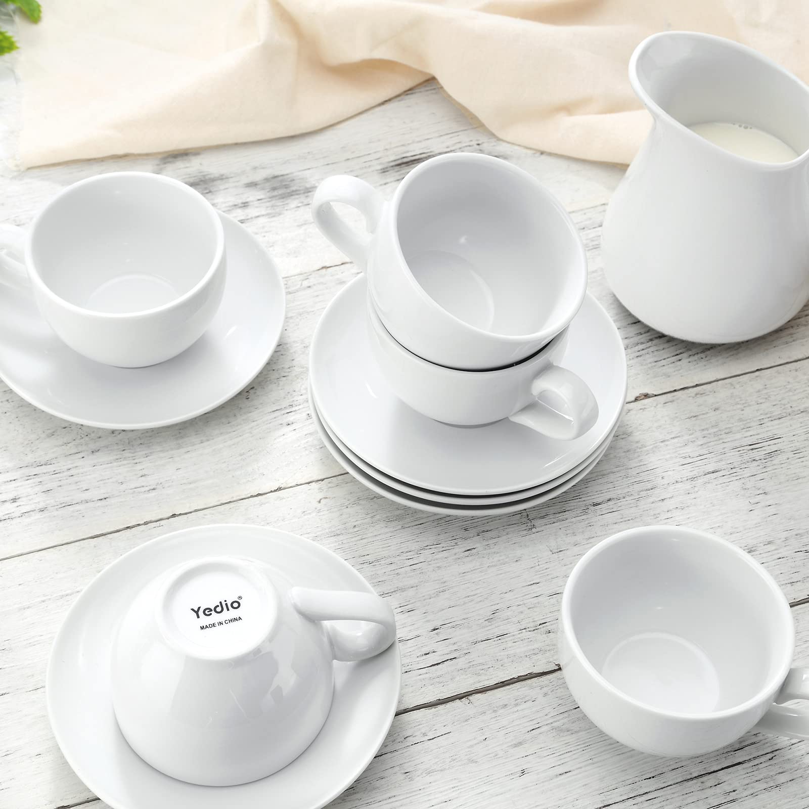 Yedio Porcelain Coffee Cups Set with Saucer, 6 Ounce White Porcelain Cup and Saucer Set for Cappuccino, Coffee Latte, Coffee drinks and Tea, Set of 6