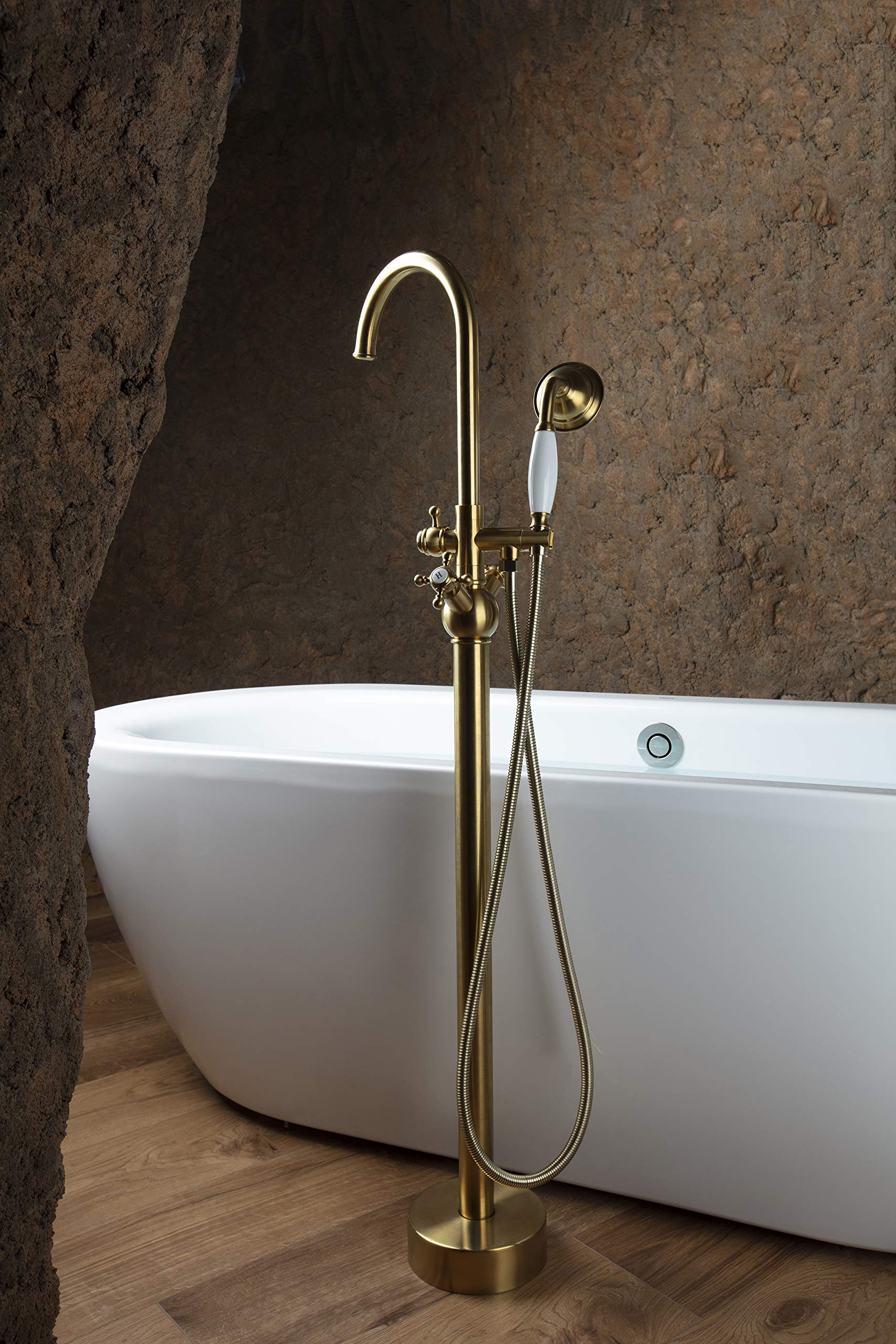 SITGES Solid Brass Freestanding Bathtub Faucet, Bathroom Floor Mount Tub Filler, Dual Function Double Cross Handle with Ceramic Hand Shower, Brushed Gold