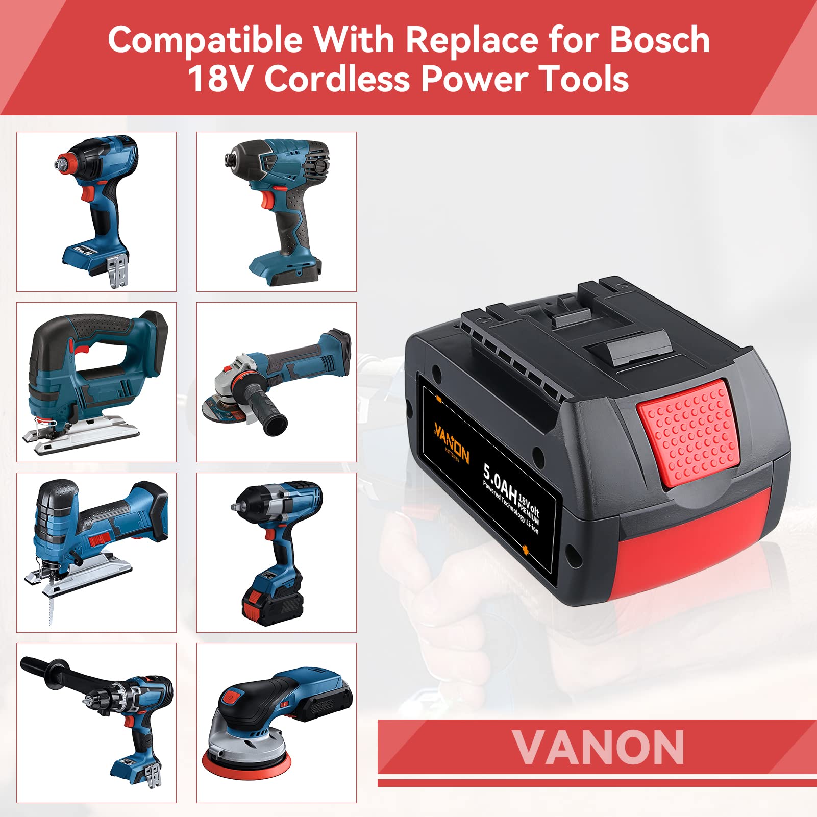 VANON 2Pack BAT609 5.0Ah Lithium-ion Battery Replacement for Bosch 18V Battery BAT609G BAT618 BAT618G BAT619 BAT619G BAT622 BAT620-2PK SKC181-202L