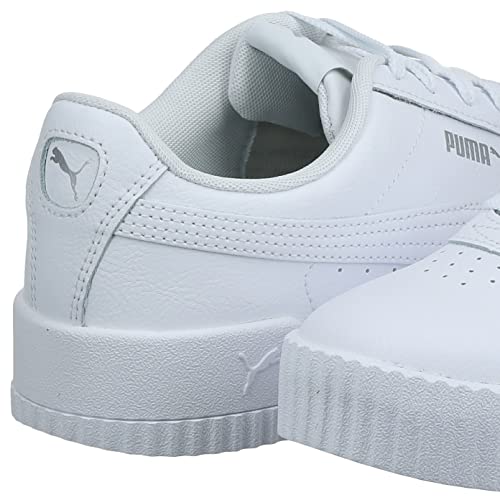 PUMA Womens Carina Leather Sneaker, PUMA Womens White-PUMA Womens White-PUMA Womens Silver, 6.5