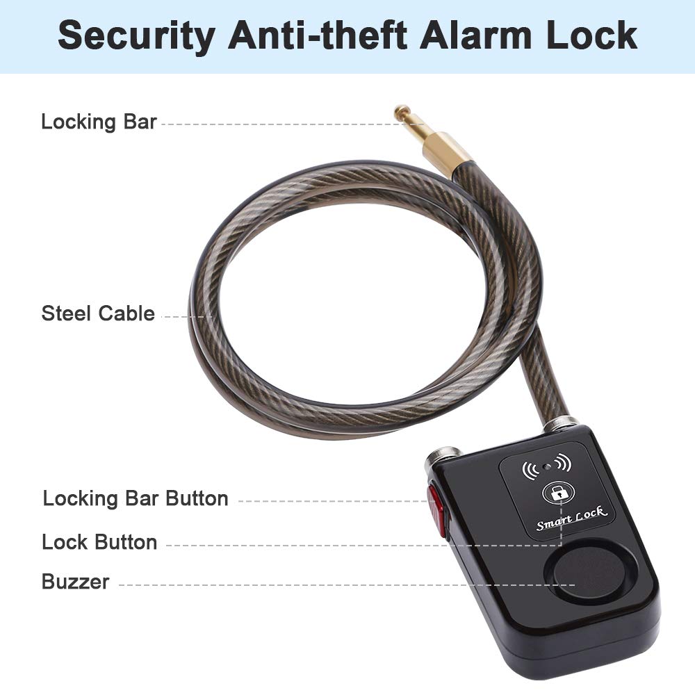 WSDCAM Bluetooth Bike Lock Alarm 110dB Universal Security Smart Bike Alarm Lock System Anti-Theft Vibration Alarm for Bicycle Motorcycle Door Gate Lock, 31.49 inch Cable Length, APP Control