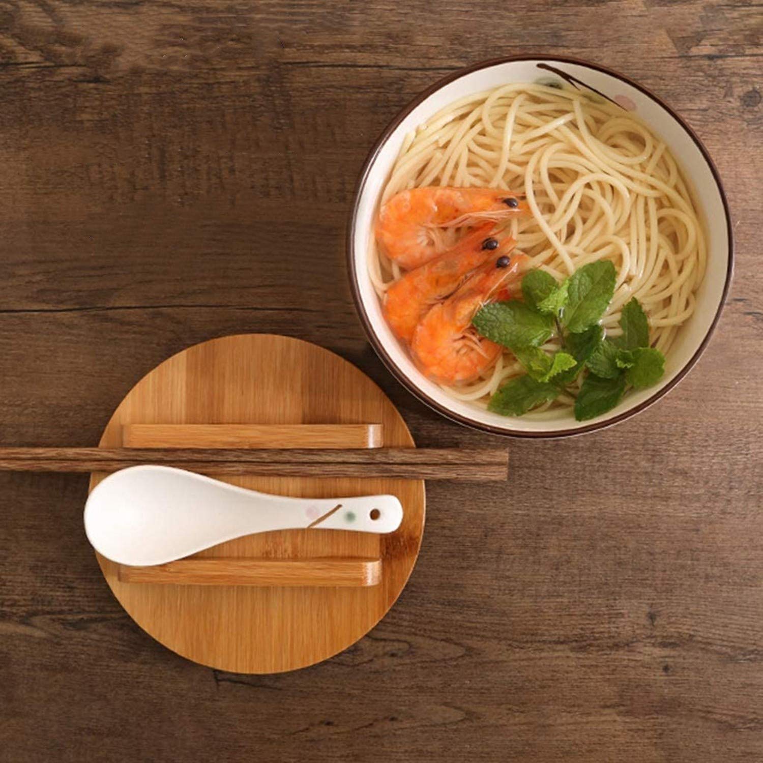 Yeking Japanese Ramen Bowls Japanese Rice Bowl (Contains chopsticks and spoons) Japanese White Ceramic Ramen Noodle Bowl Hand Drawn Rice Bowl Retro Tableware Noodle Bowl 6.5 inch