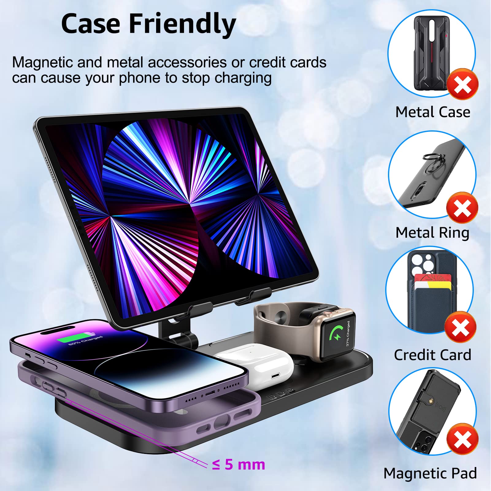 Wireless Charging Station, Wired Charger for iPad, 4 in 1 Charging Stand Multiple Devices for Apple - iPhone 15 14 Pro Max 13 12 11 - Watch 8 7 6 5 4 3 2 Se - Airpods 3 2 Pro