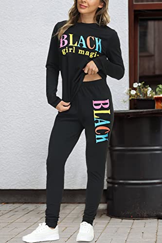 Wuitrie Women's 2 Piece Tracksuit Long Sleeve Pullover Letter Print Top and Long Pant Outfits Black L
